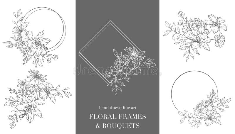Wildflowers Line Drawing. Floral Frames and Bouquets. Floral Line Art ...
