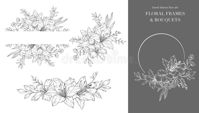Wildflowers Line Drawing. Floral Frames and Bouquets. Floral Line Art ...