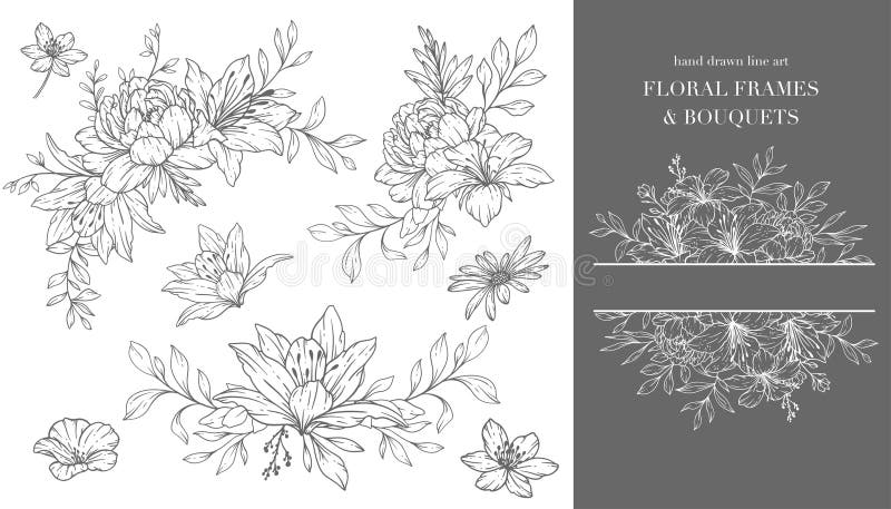 Wildflowers Line Drawing. Black and White Floral Bouquets. Flower ...