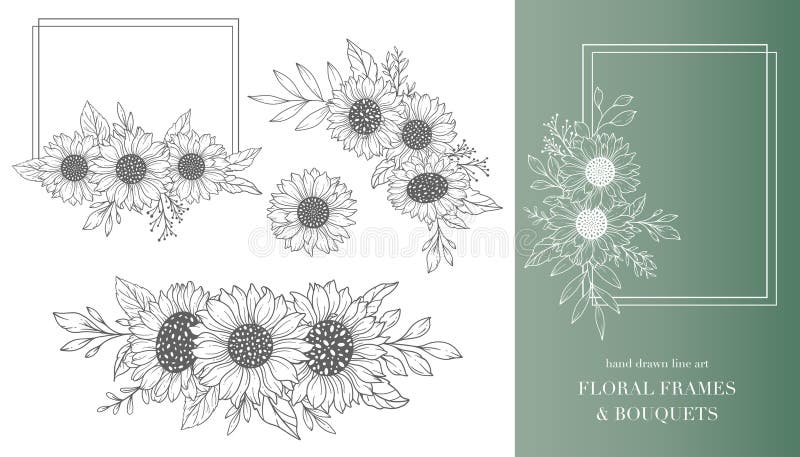 Sunflowers Line Art, Sunflower Frames. Floral Frames and Bouquets Line ...