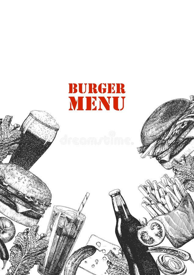 Burger Menu. Hand-drawn Illustration of Dishes and Products. Ink ...