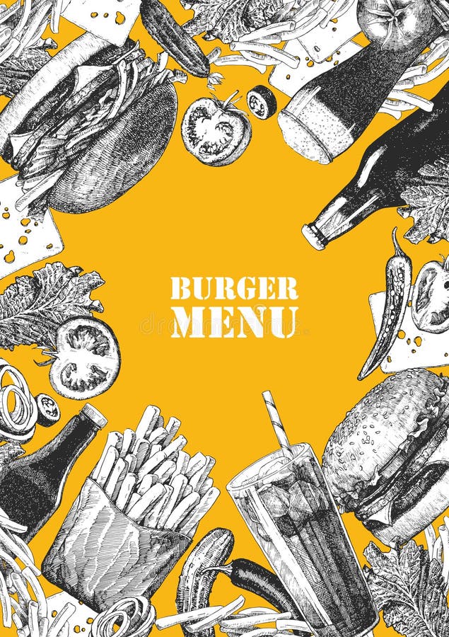 Burger Menu. Hand-drawn Illustration of Dishes and Products. Ink ...