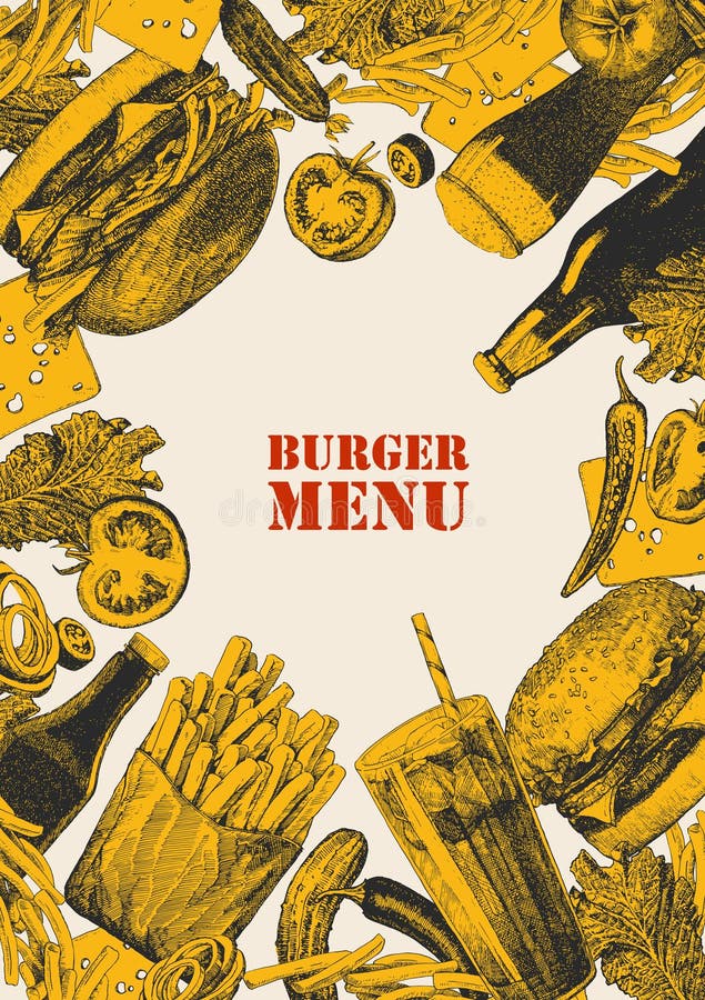 Burger Menu. Hand-drawn Illustration of Dishes and Products. Ink ...