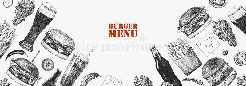 Burger Menu. Hand-drawn Illustration of Dishes and Products. Ink ...