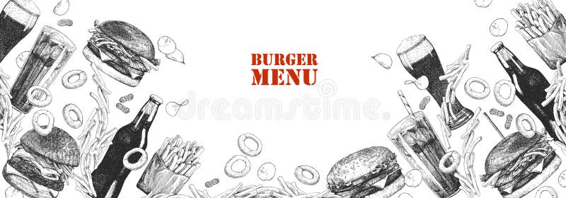 Burger Menu. Hand-drawn Illustration of Dishes and Products. Ink ...