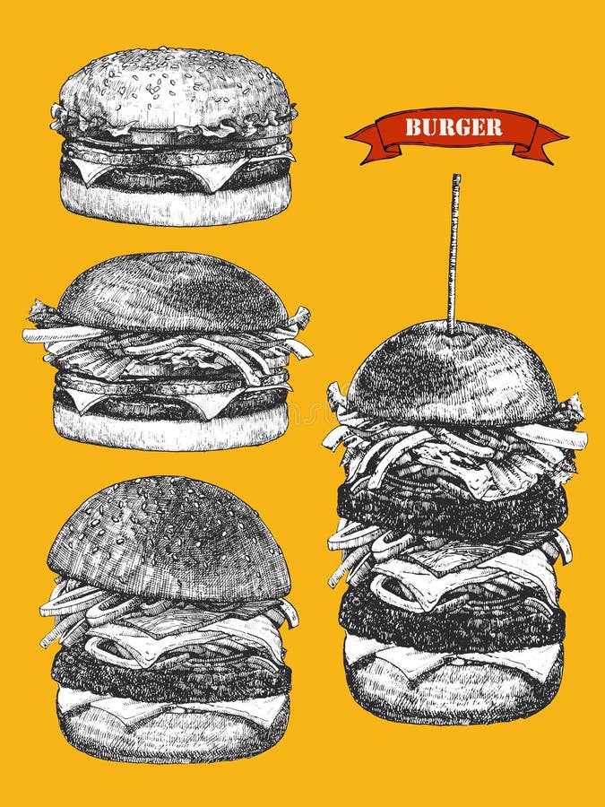Burger Menu. Hand-drawn Illustration of Dishes and Products. Ink ...