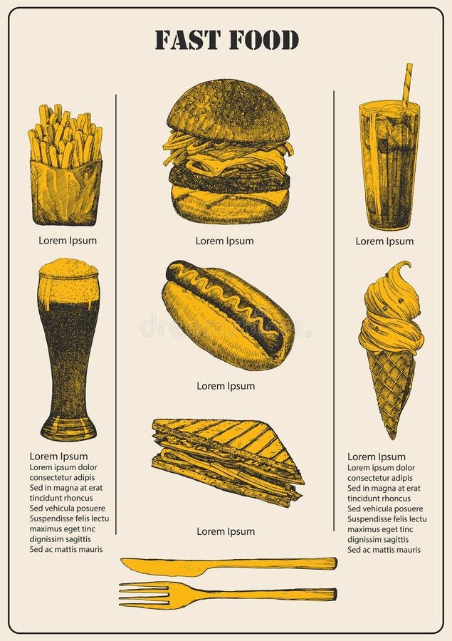 Fast Food Menu. Hand-drawn Illustration of Dishes and Products. Ink ...