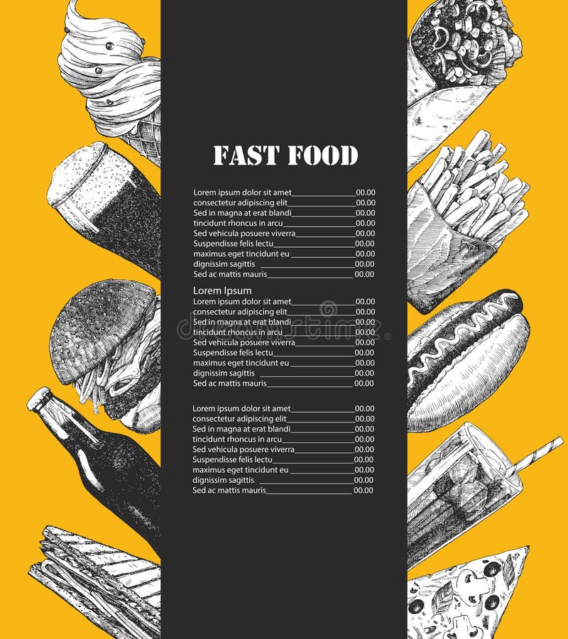 Fast Food Menu. Hand-drawn Illustration of Dishes and Products. Ink ...