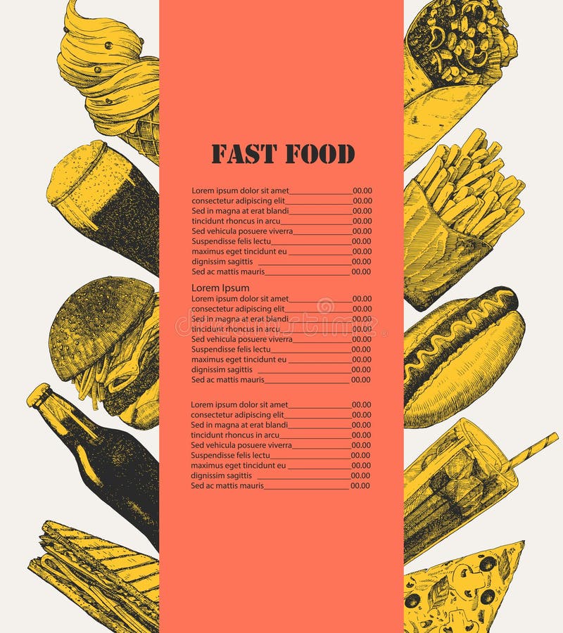 Fast Food Menu. Hand-drawn Illustration of Dishes and Products. Ink ...