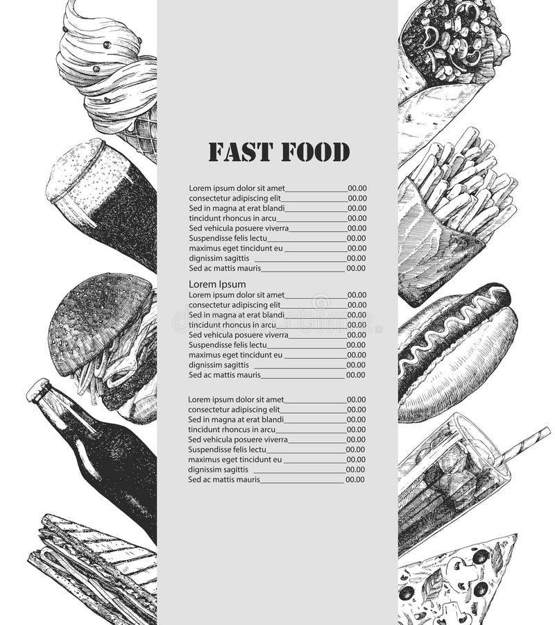 Fast Food Menu. Hand-drawn Illustration of Dishes and Products. Ink ...