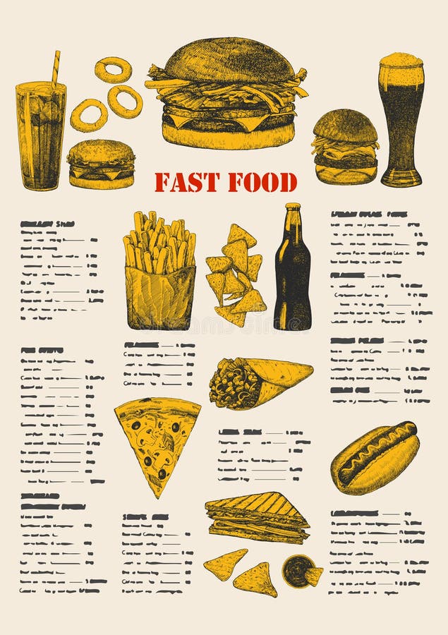 Fast Food Menu. Hand-drawn Illustration of Dishes and Products. Ink ...
