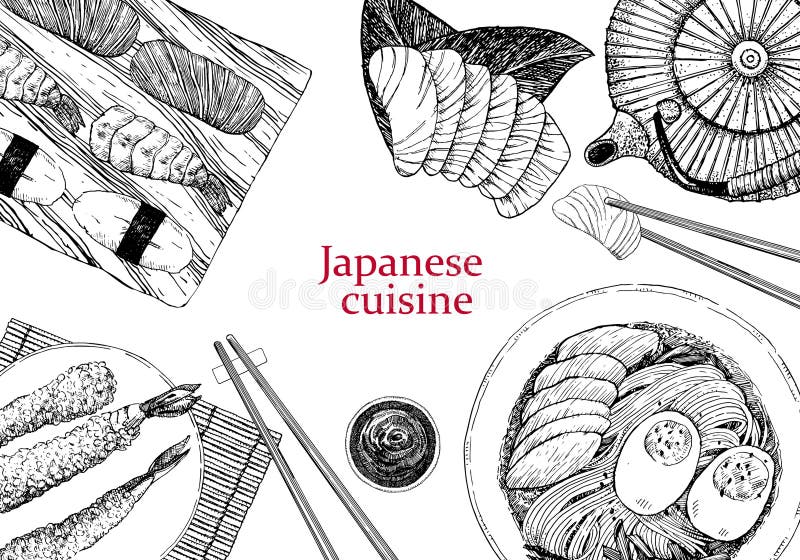 Japanese Restaurant Menu. Hand-drawn Illustration of Dishes and ...