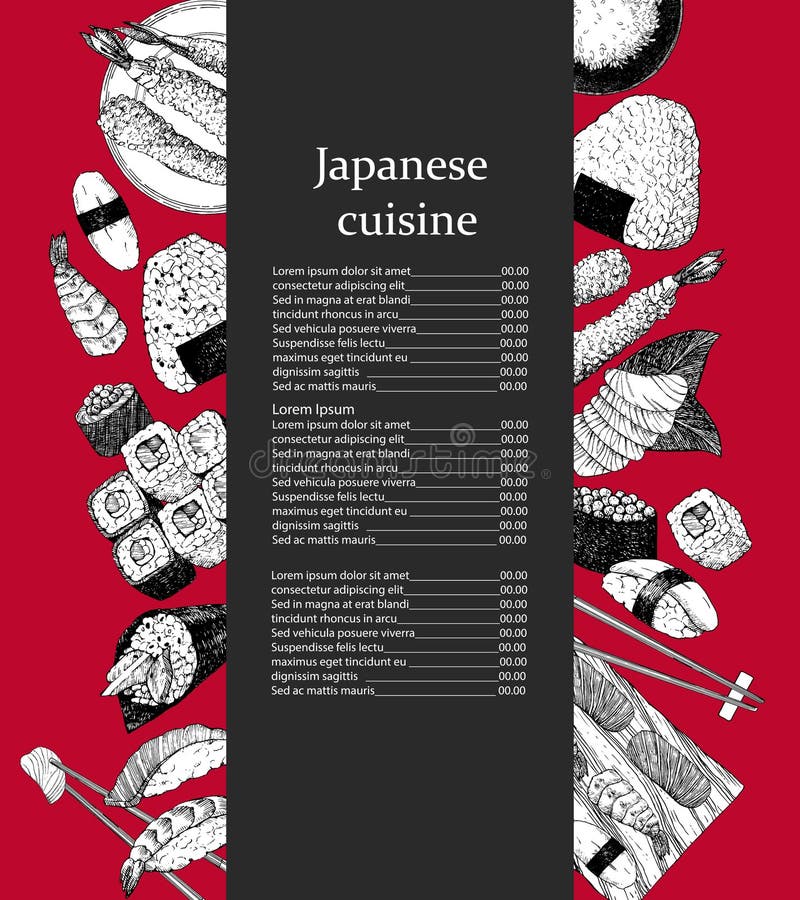 Japanese Restaurant Menu. Hand-drawn Illustration of Dishes and ...