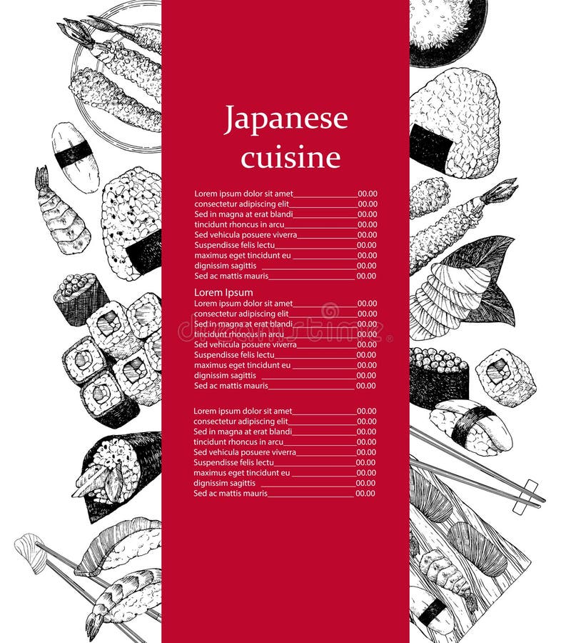 Japanese Restaurant Menu. Hand-drawn Illustration of Dishes and ...