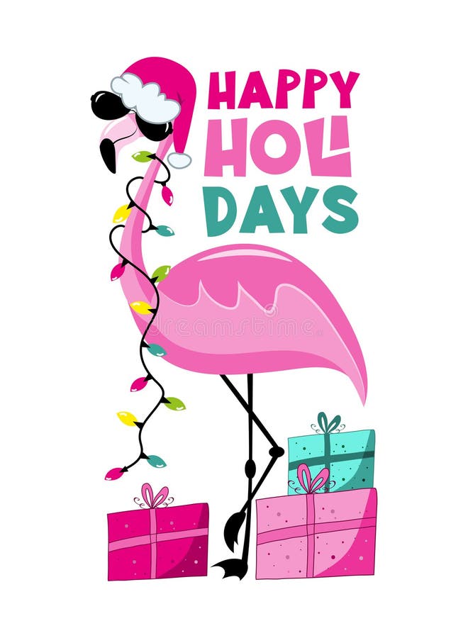 Happy Holidays -flamingo in Santa Hat and with Christmas Lights, and ...