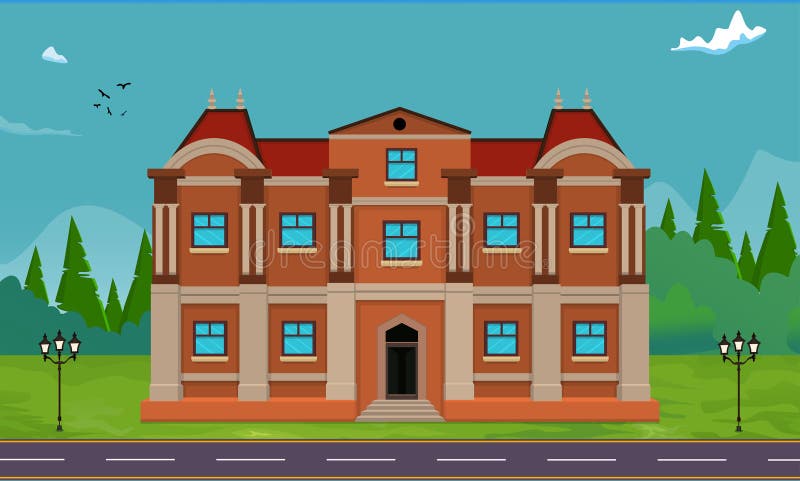 Vector Cartoon Illustration of the Historic Old Building with Road ...