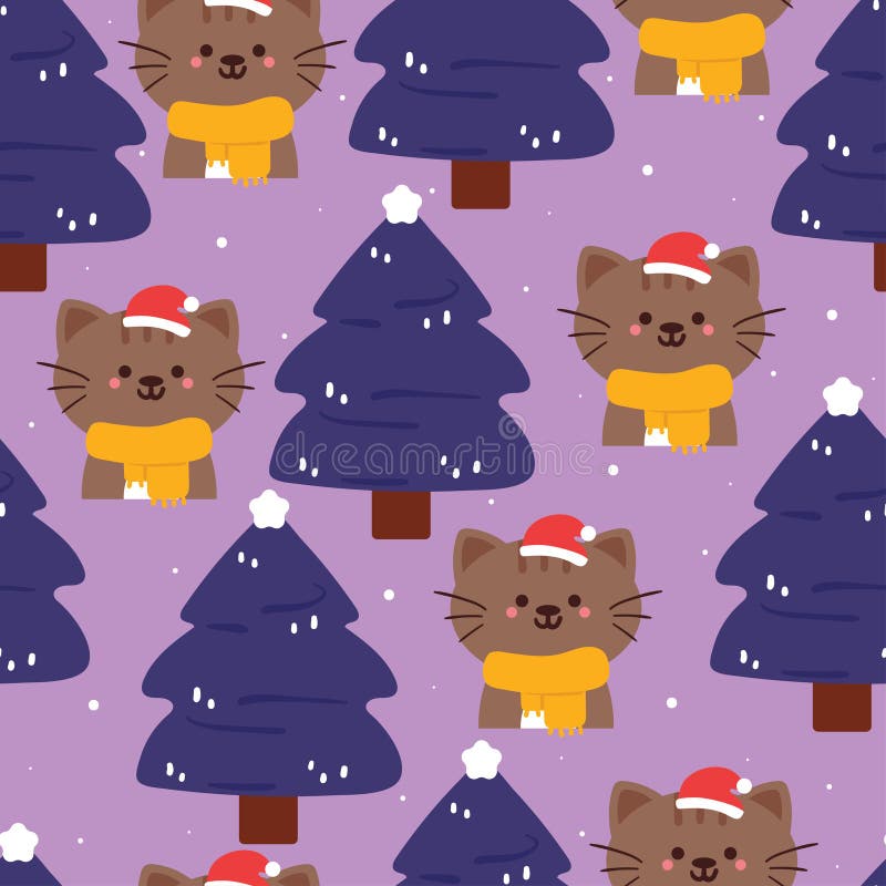 Cute Seamless Pattern Cartoon Cat with Tree in Winter Stock Vector ...