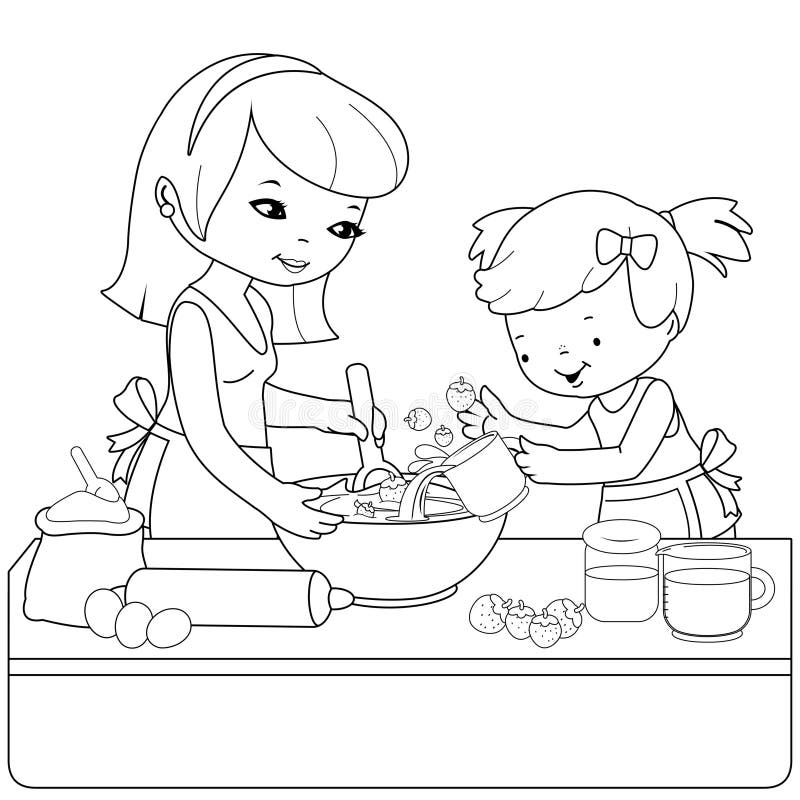 Mother and Her Daughter Cooking in the Kitchen. Vector Black and White ...