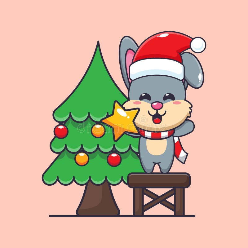 Cute Rabbit Taking Star from Christmas Tree. Cute Christmas Cartoon ...