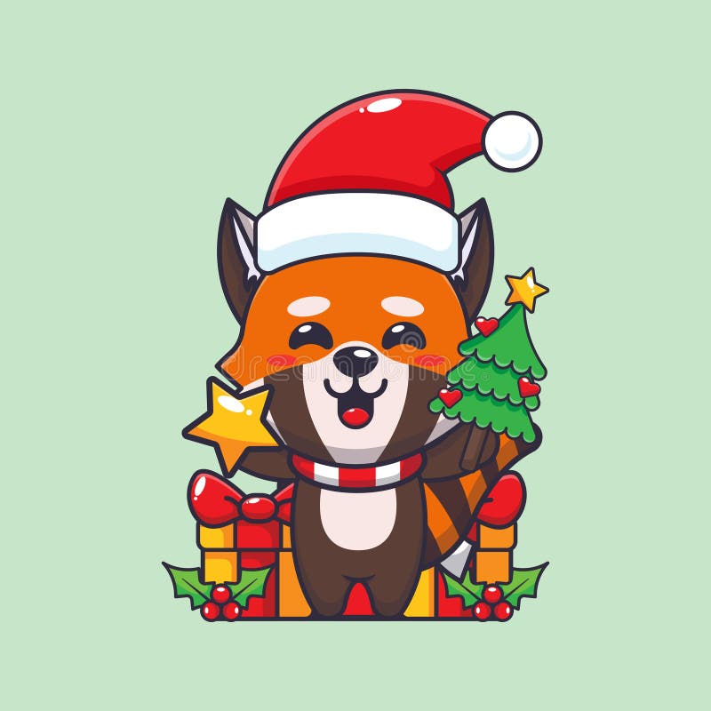 Cute Red Panda Holding Star and Christmas Tree. Cute Christmas Cartoon ...