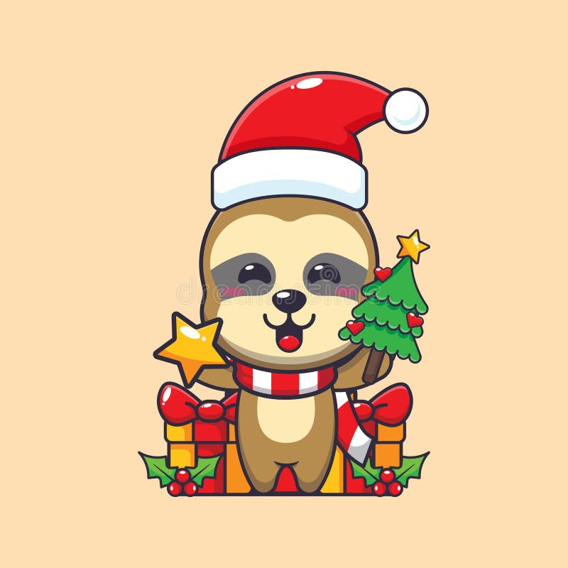 Cute Sloth Holding Star and Christmas Tree. Cute Christmas Cartoon ...