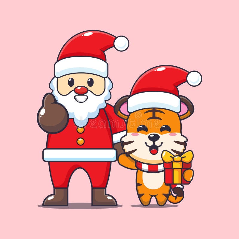 Cute Tiger with Santa Claus. Cute Christmas Cartoon Character ...