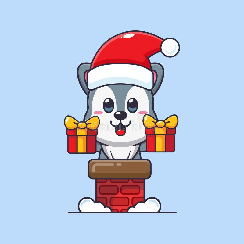 Cute Wolf with Santa Hat in the Chimney. Cute Christmas Cartoon ...