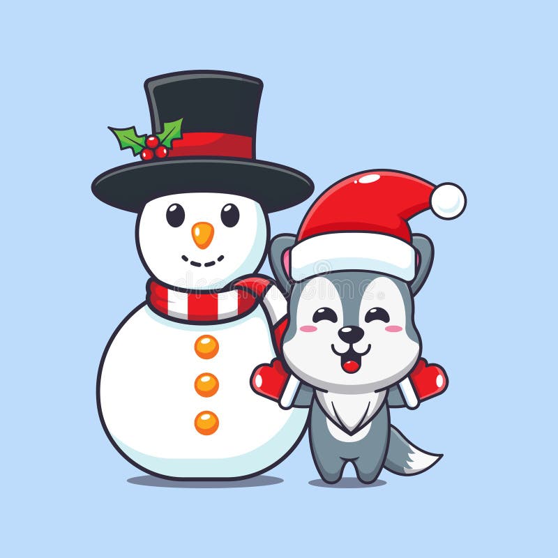 Cute Wolf Playing with Snowman. Cute Christmas Cartoon Character ...