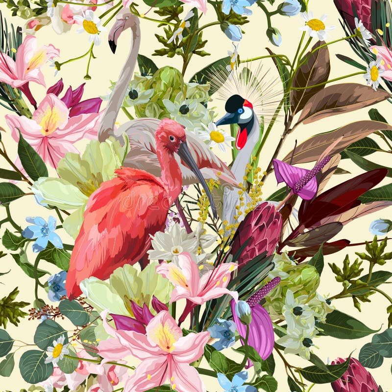 Exotic Birds, Flowers, Pomegranate, Palm Leaves, Black Background ...