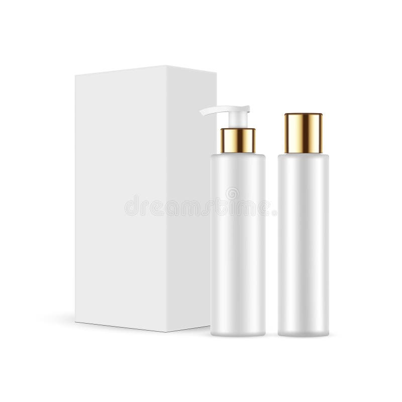 Shampoo or Lotion Bottles and Paper Box, Packaging Cosmetic Mockup ...