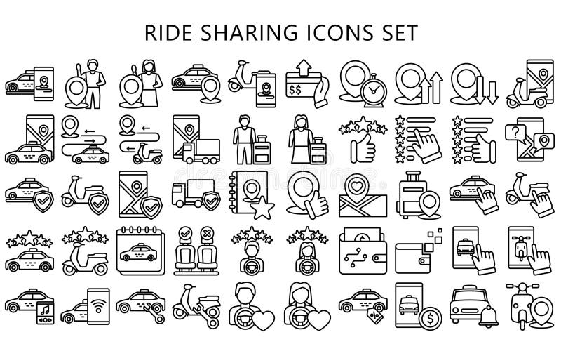 Ride Sharing Black Outline Icons Pack Stock Vector - Illustration of ...