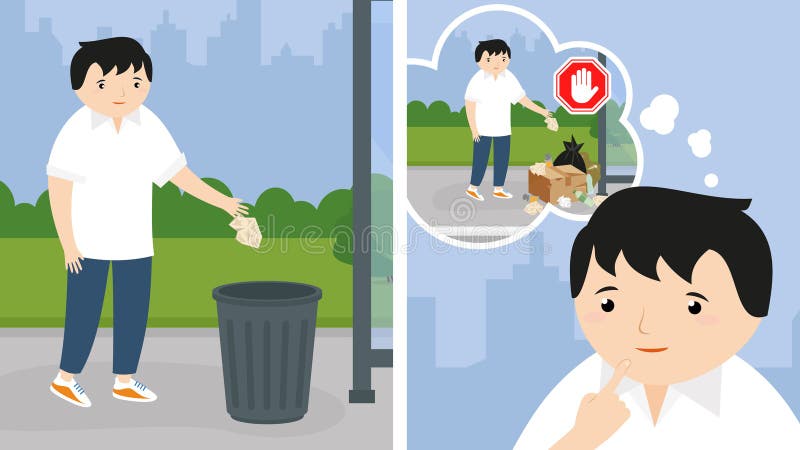 Man Throwing Garbage into the Trash in the Park. Stock Vector ...