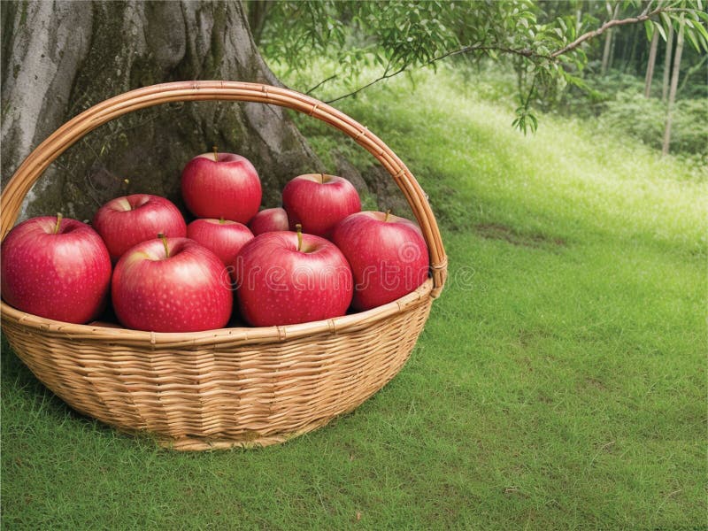 One Big Bamboo Basket of Red Big Apples Stock Illustration ...