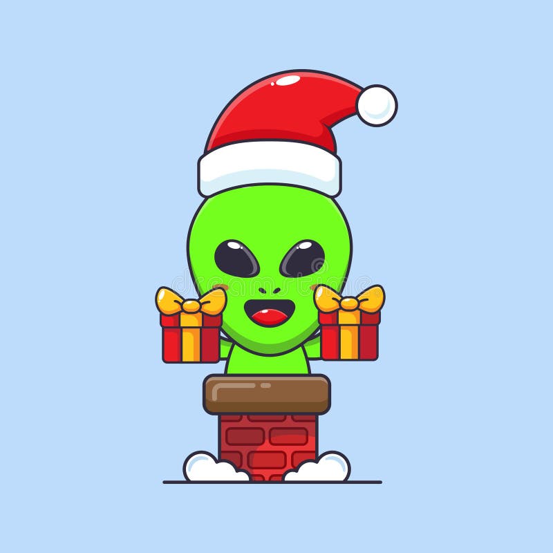 Cute Alien with Santa Hat in the Chimney. Cute Christmas Cartoon ...