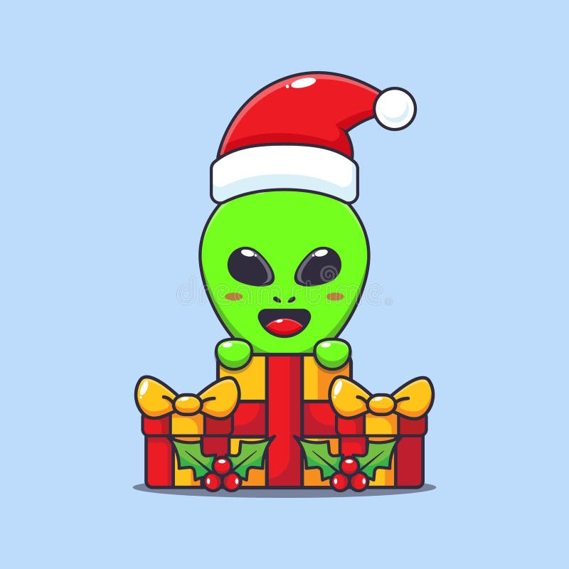 Cute Alien Happy with Christmas Gift. Cute Christmas Cartoon Character ...