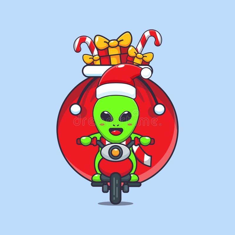 Cute Alien Carrying Christmas Gift with Motorcycle. Cute Christmas ...