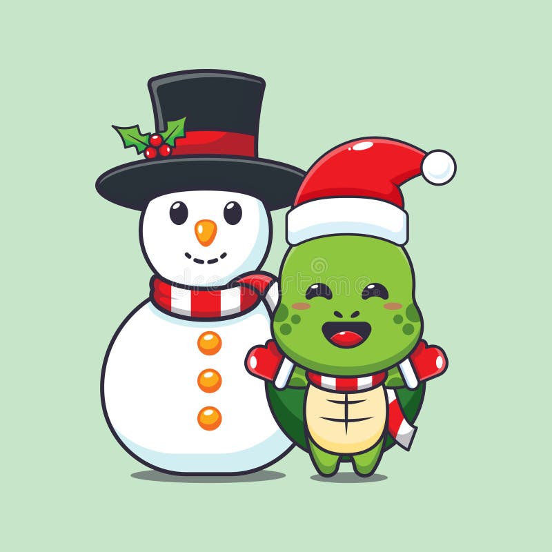 Cute Turtle Playing with Snowman. Cute Christmas Cartoon Character ...