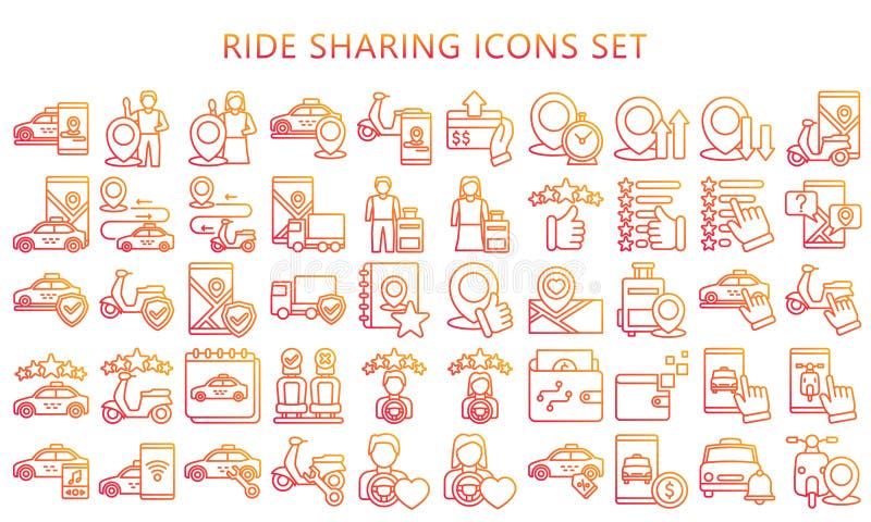 Ride Sharing Gradient Outline Icons Pack Stock Vector - Illustration of ...