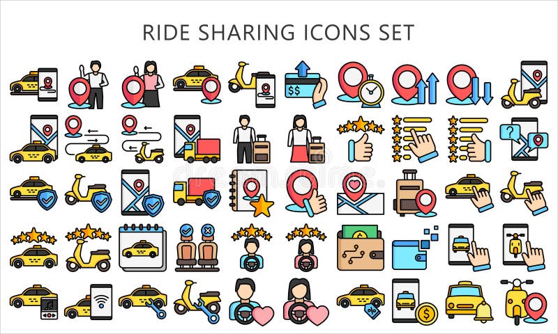 Ride Sharing Lineal Multi Color Icons Pack Stock Vector - Illustration ...