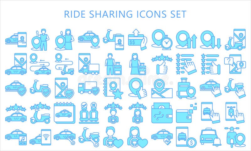 Ride Sharing Blue Color Icons Pack Stock Vector - Illustration of ...
