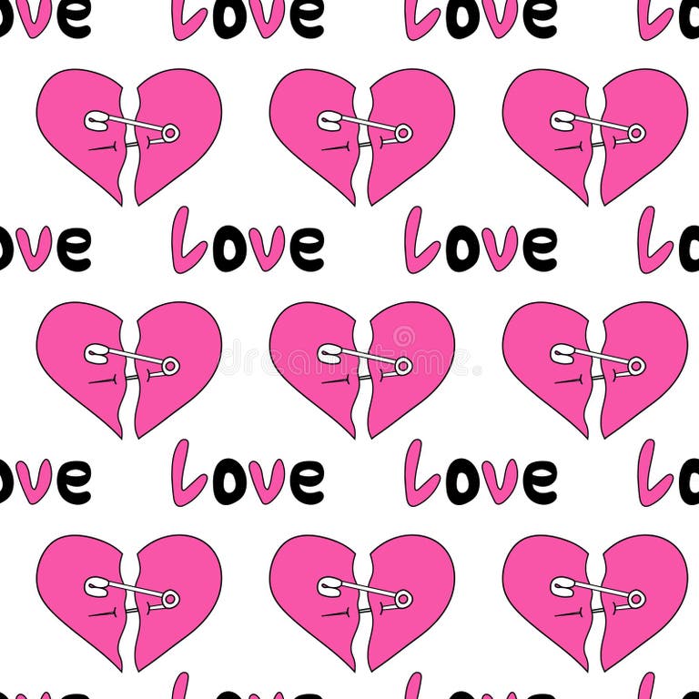 Seamless Pattern with Hearts and Text Love in Emo Style. Y2k. Black and ...