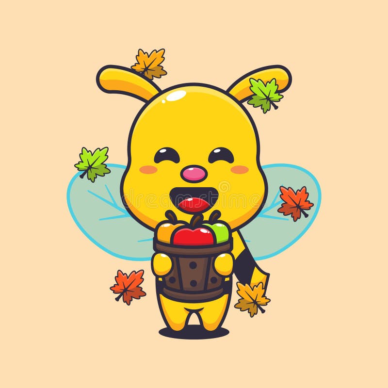 Cute Bee Holding a Apple in Wood Bucket. Stock Vector - Illustration of ...