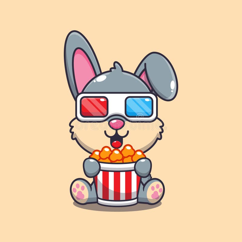 Cute Rabbit Eating Popcorn and Watch 3d Movie Cartoon Vector ...