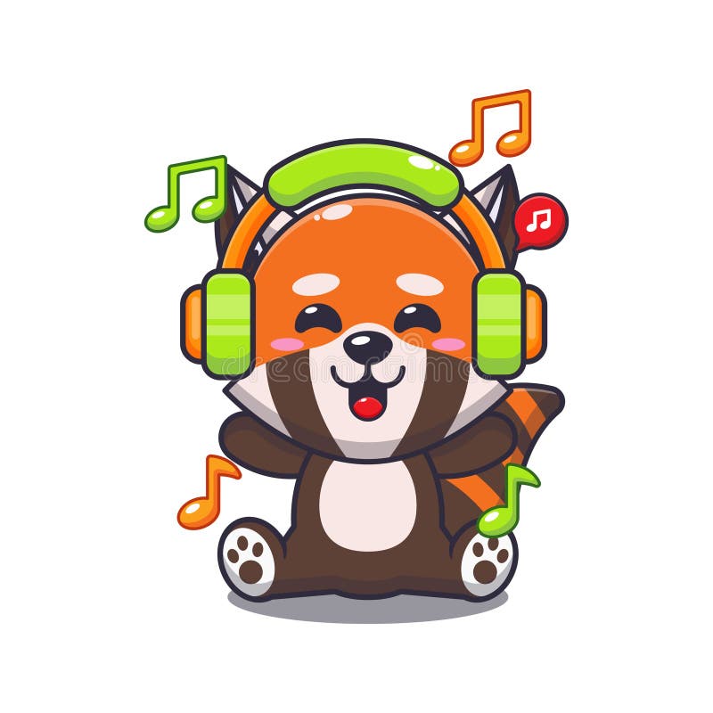 Red Panda Listening Music with Headphone Cartoon Vector Illustration ...