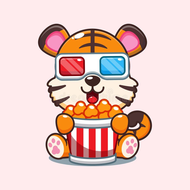 Tiger Eating Popcorn and Watch 3d Movie Cartoon Vector Illustration ...