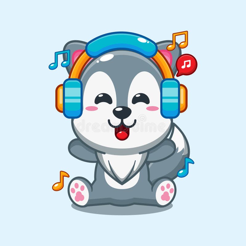 Wolf Listening Music with Headphone Cartoon Vector Illustration. Stock ...