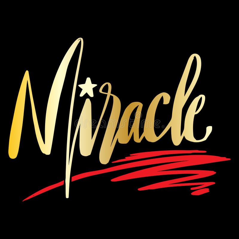 Miracle Hand Drawn Lettering. Gold Color on Black Background Stock ...