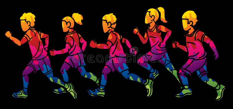 Group of Children Start Running Runner Action Jogging Together Cartoon ...