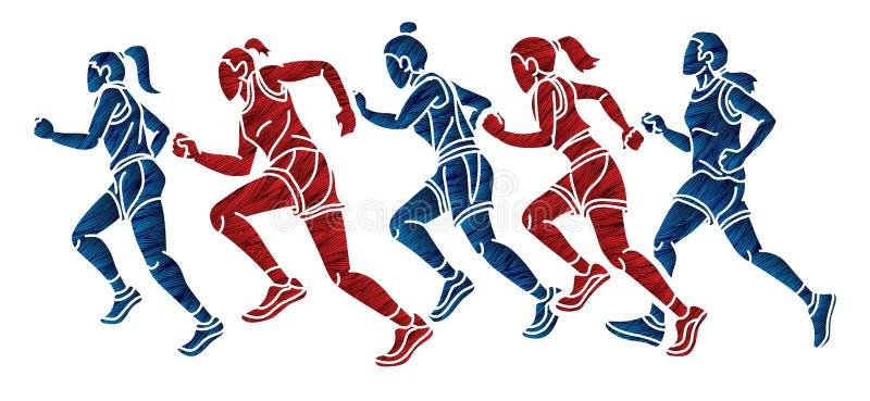 Group of Women Start Running Runner Action Jogging Together Cartoon ...