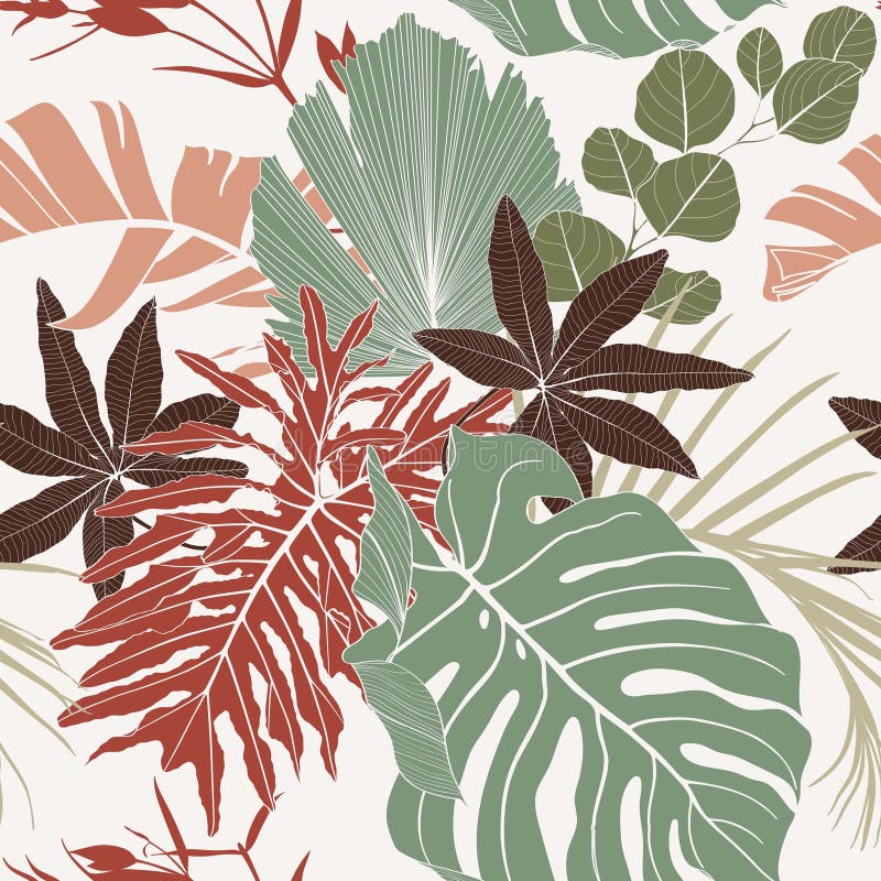 Seamless Tropical Pattern with Line Leaves and Plants. Seamless Exotic ...